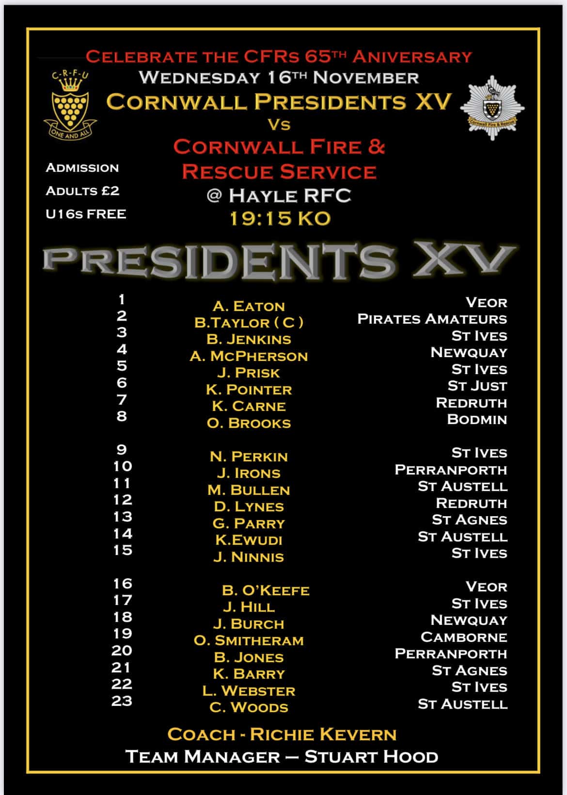 President’s XV picked to face Cornwall Fire & Rescue